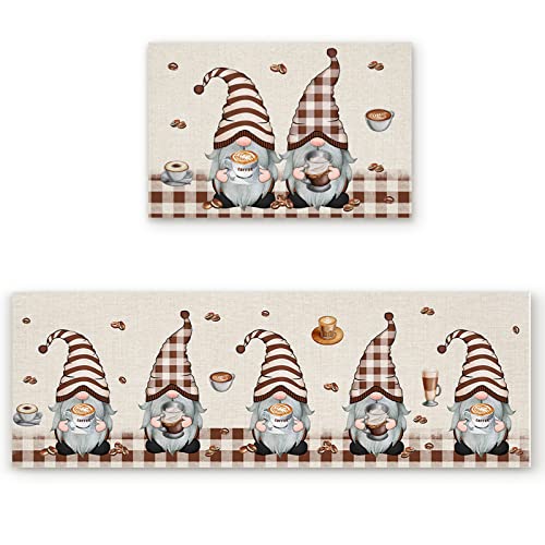 Kitchen Rugs Set 2 Pieces, Coffee Gnome Coffee Beans with Brown Plaid Rustic Cotton Linen Cushioned Kitchen Rug Floor Mat for Kitchen Bath,Non Slip Runner Rugs Standing Mat 15.7"x23.6"+15.7"x47.2"