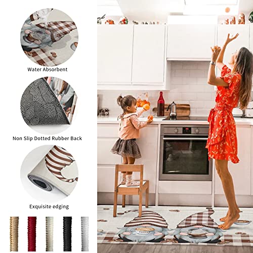 Kitchen Rugs Set 2 Pieces, Coffee Gnome Coffee Beans with Brown Plaid Rustic Cotton Linen Cushioned Kitchen Rug Floor Mat for Kitchen Bath,Non Slip Runner Rugs Standing Mat 15.7"x23.6"+15.7"x47.2"