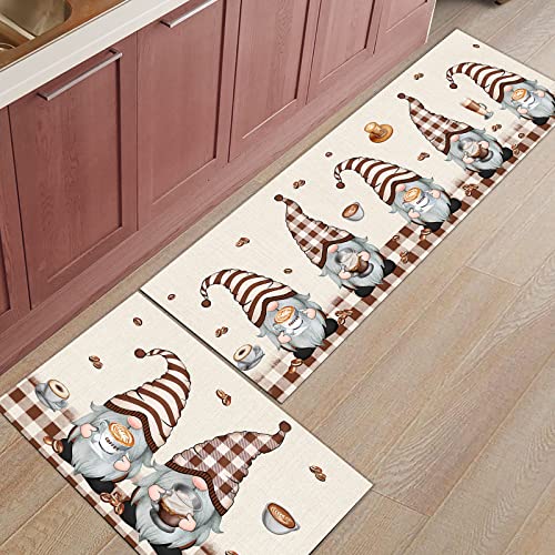 Kitchen Rugs Set 2 Pieces, Coffee Gnome Coffee Beans with Brown Plaid Rustic Cotton Linen Cushioned Kitchen Rug Floor Mat for Kitchen Bath,Non Slip Runner Rugs Standing Mat 15.7"x23.6"+15.7"x47.2"