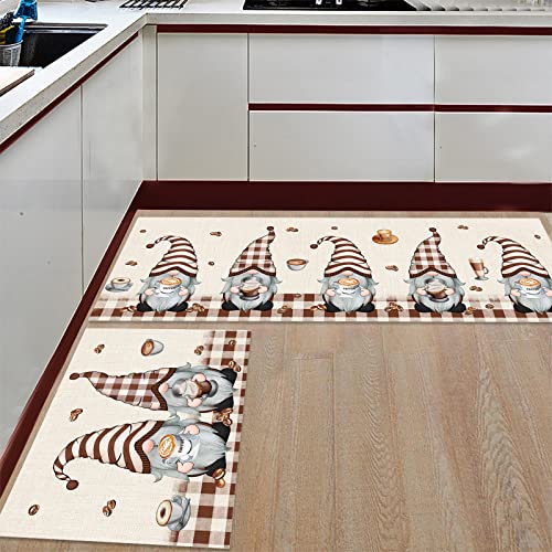 Kitchen Rugs Set 2 Pieces, Coffee Gnome Coffee Beans with Brown Plaid Rustic Cotton Linen Cushioned Kitchen Rug Floor Mat for Kitchen Bath,Non Slip Runner Rugs Standing Mat 15.7"x23.6"+15.7"x47.2"