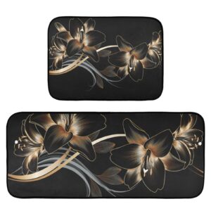 kigai kitchen rugs 2 piece waterproof non slip kitchen mat black flower kitchen rug set for sink office kitchen cafe, 19.7"x47.2"+19.7"x27.6"