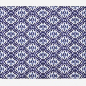 Mosaic Bath Mat, Geometric Rhombus Style Traditional Folkloric Moroccan Portugal Floral Tiles, Plush Bathroom Decor Mat with Non Slip Backing, 24" X 16", White and Indigo