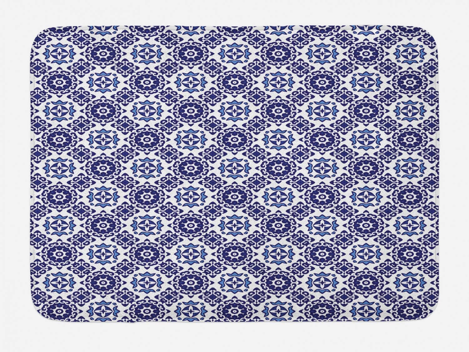 Mosaic Bath Mat, Geometric Rhombus Style Traditional Folkloric Moroccan Portugal Floral Tiles, Plush Bathroom Decor Mat with Non Slip Backing, 24" X 16", White and Indigo