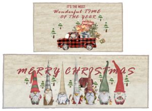 luowan christmas gnomes truck tree 2 piece kitchen mat set, farmhouse non-slip anti-fatigue wooden grain standing mats, retro xmas comfort throw rug for kitchen laundry office, 17"x29"+17"x47"