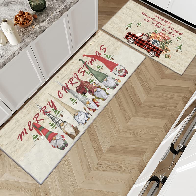 LUOWAN Christmas Gnomes Truck Tree 2 Piece Kitchen Mat Set, Farmhouse Non-Slip Anti-Fatigue Wooden Grain Standing Mats, Retro Xmas Comfort Throw Rug for Kitchen Laundry Office, 17"x29"+17"x47"