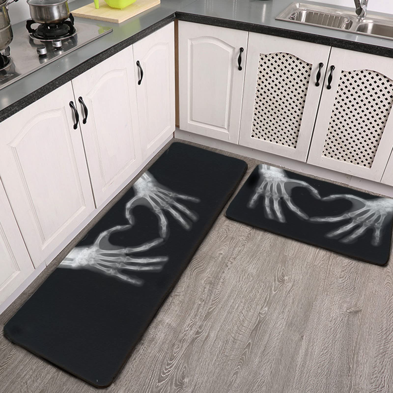 YouTary Black Xray Bones of Hands Love White Heart Pattern Kitchen Rug Set 2 PCS Floor Mats Washable Non-Slip Soft Flannel Runner Rug Doormat Carpet for Floor Home Bathroom, 17" x 47"+17" x 24"-M