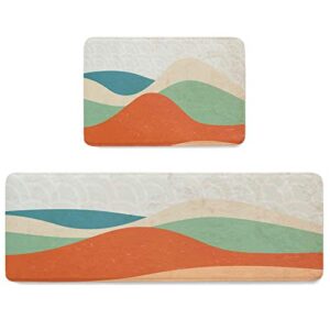 2 pieces kitchen rugs set mid century modern boho orange geometric area rug,absorbent bath mats soft doormat anti fatigue floor mat minimalist retro abstract art,non-slip cushion standing mats