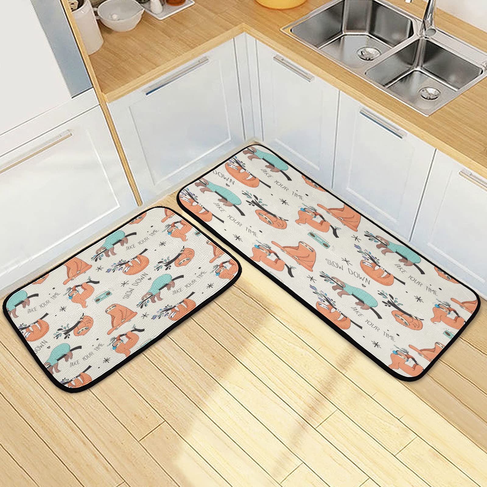 ALAZA Vintage Funny Sloth 2 Piece Kitchen Rug Floor Mat Set Runner Rugs Non-Slip for Kitchen Laundry Office 20" x 28" + 20" x 48"