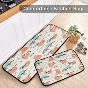 ALAZA Vintage Funny Sloth 2 Piece Kitchen Rug Floor Mat Set Runner Rugs Non-Slip for Kitchen Laundry Office 20" x 28" + 20" x 48"