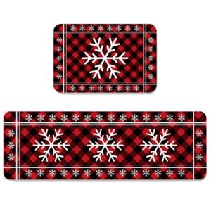 homeown christmas comfort kitchen rug set 2 piece, non slip cushioned floor mat christmas snowflake winter absorbent carpet for laundry bathroom living room 19.7x31.5in+19.7x47.2in red black plaid