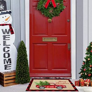 Arts Print Kitchen Rug Mat Set of 2,Merry Christmas Red Truck with Christmas Tree Black and Red Buffalo Plaid Runner Rug,Non-Slip Durable Kitchen Floor Mat for Sink,15.7x23.6Inch+15.7x47.2Inch