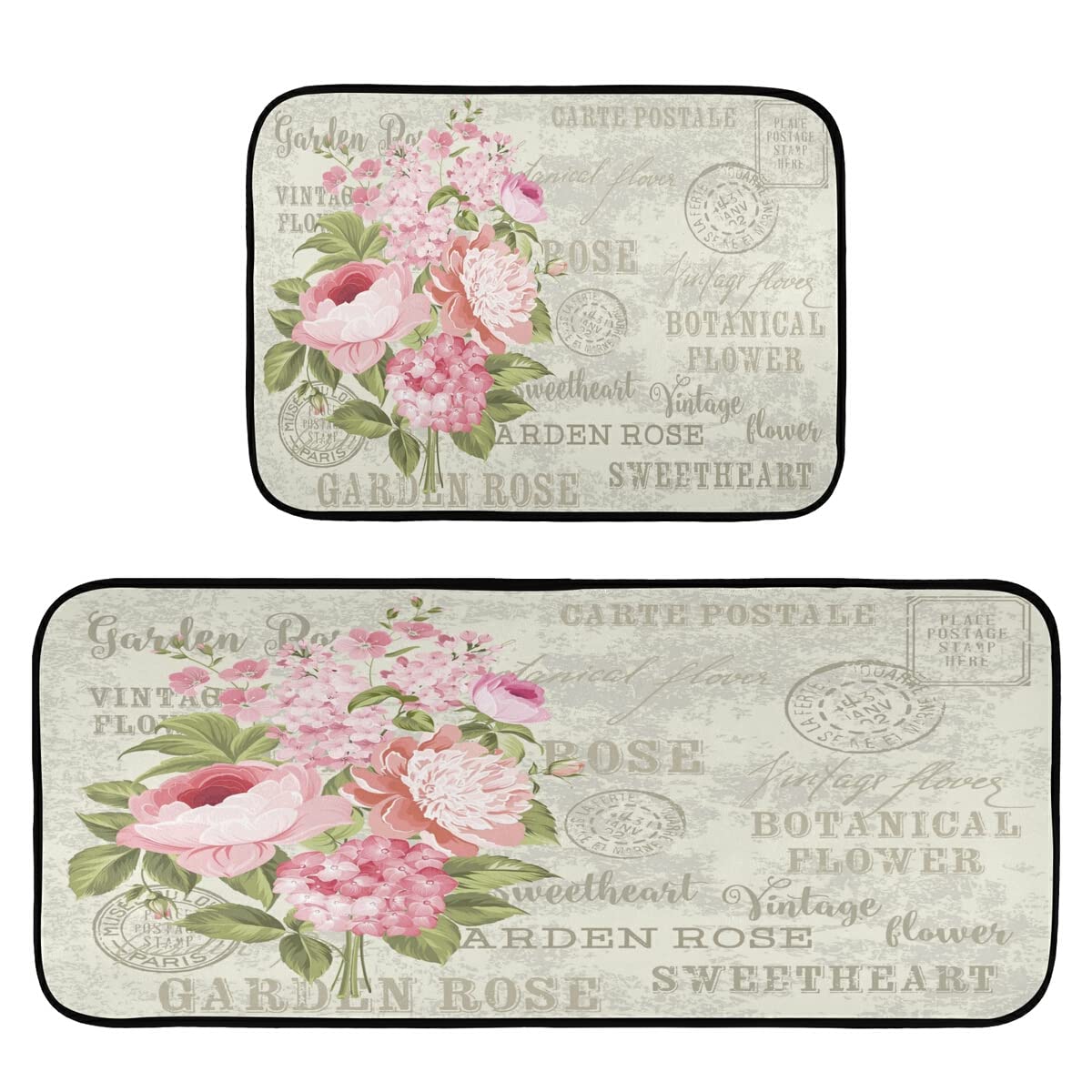 ALAZA Shabby Chic Rose Floral Blossom Non Slip Kitchen Floor Mat Set of 2 Piece Kitchen Rug 47 x 20 inches + 28 x 20 inches for Entryway Hallway Bathroom