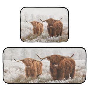 junzan scottish highland cow kitchen rugs and mats set of 2 non slip anti fatigue runner rug for farmhouse laundryroom bathroom home western decor floor mat