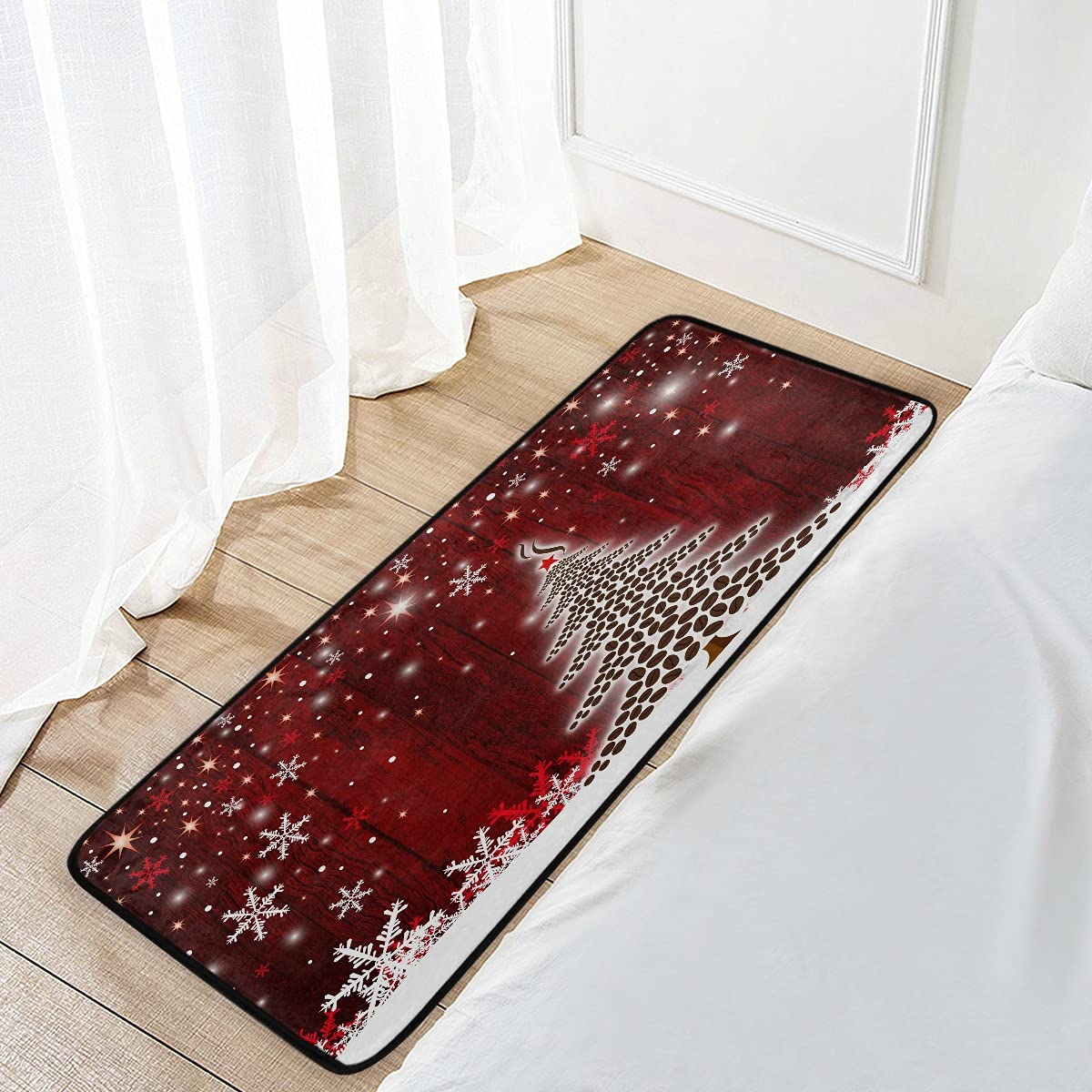 Christmas Coffee Tree Kitchen Rug, Snowflakes Dark Red Door Mat Bath Rug Home Decor Floor Mat Non-Slip Carpet for Kitchen Living Bedroom 39 x 20 Inch