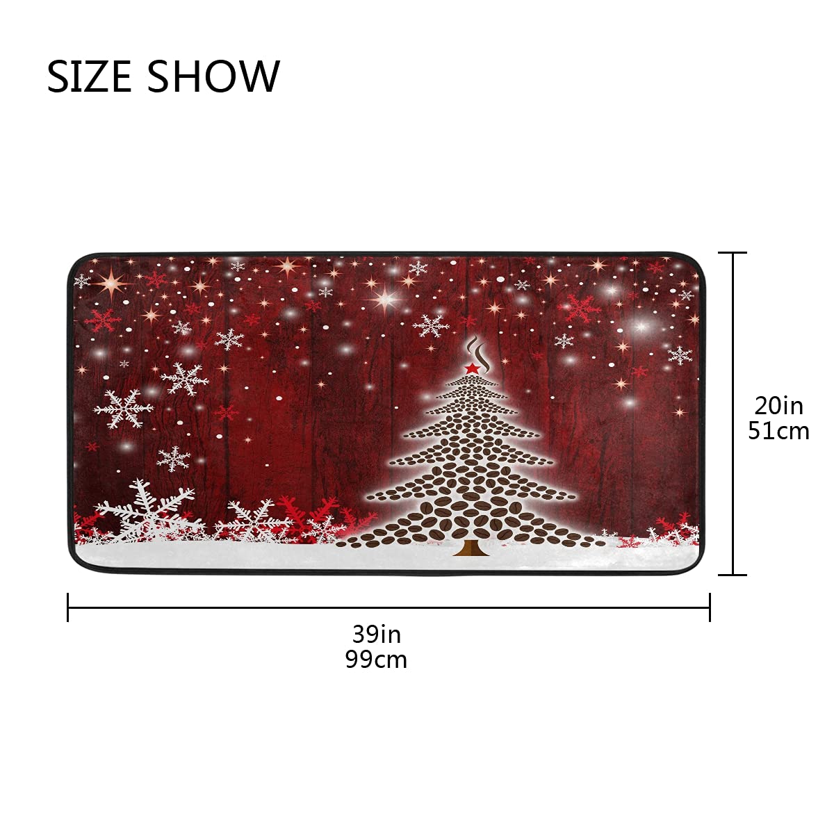 Christmas Coffee Tree Kitchen Rug, Snowflakes Dark Red Door Mat Bath Rug Home Decor Floor Mat Non-Slip Carpet for Kitchen Living Bedroom 39 x 20 Inch