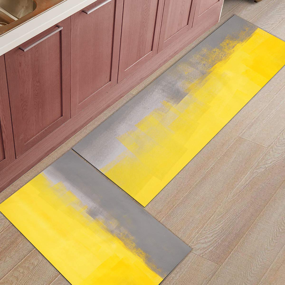 Big buy store Kitchen Rug Sets 2 Piece Yellow Wall Non Slip Anti Fatigue Floor Mats Modern Abstract Comfort Soft Absorb Cushioned Standing Doormat Runner Rugs (15.7x23.6+15.7x47.2 inch)