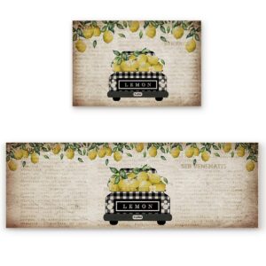 kitchen rug sets 2 piece farm lemon harvest truck non slip anti fatigue floor mats vintage newspaper comfort soft absorb cushioned standing doormat runner rugs (15.7x23.6+15.7x47.2 inch)