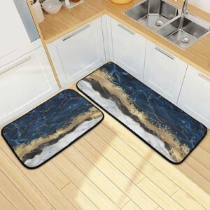 Kitchen Mats Rugs 2 Piece Set Bath Mat Antifatigue Cushioned Gold Black Marble for Floor Non Slip Washable (color3)