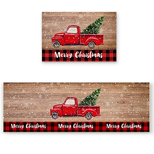 Arts Print Kitchen Rug Mat Set of 2,Christmas Red Car Black Red Plaid Vitage Wood Plank Runner Rug,Non-Slip Durable Kitchen Floor Mat for Sink,15.7x23.6Inch+15.7x47.2Inch 15.7X23.6in+15.7X47.2in