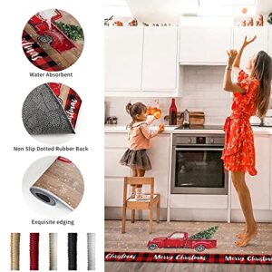 Arts Print Kitchen Rug Mat Set of 2,Christmas Red Car Black Red Plaid Vitage Wood Plank Runner Rug,Non-Slip Durable Kitchen Floor Mat for Sink,15.7x23.6Inch+15.7x47.2Inch 15.7X23.6in+15.7X47.2in