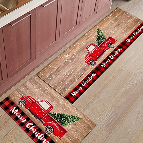 Arts Print Kitchen Rug Mat Set of 2,Christmas Red Car Black Red Plaid Vitage Wood Plank Runner Rug,Non-Slip Durable Kitchen Floor Mat for Sink,15.7x23.6Inch+15.7x47.2Inch 15.7X23.6in+15.7X47.2in