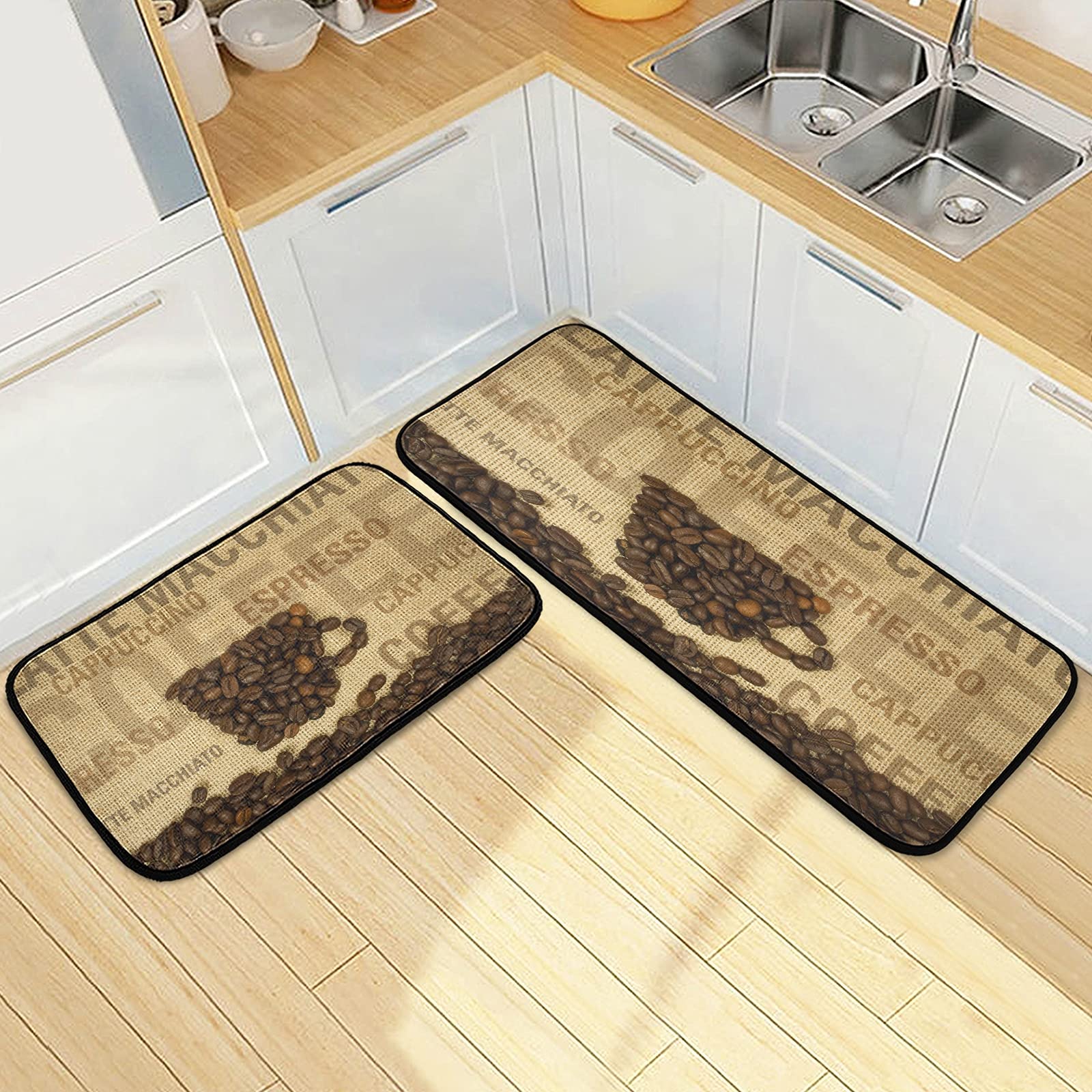 ALAZA Coffee Vintage 2 Piece Kitchen Rug Floor Mat Set Runner Rugs Non-Slip for Kitchen Laundry Office 20" x 28" + 20" x 48"