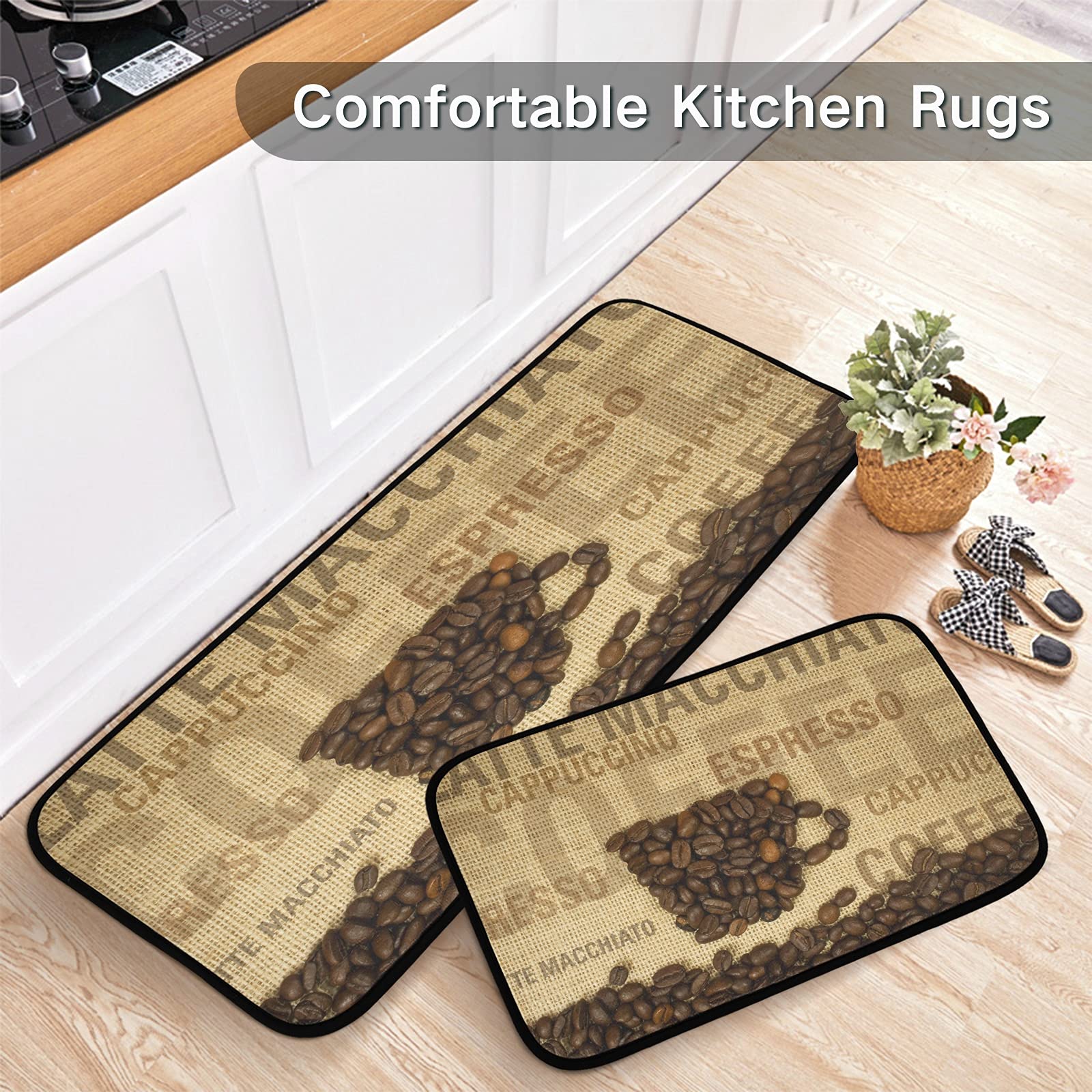 ALAZA Coffee Vintage 2 Piece Kitchen Rug Floor Mat Set Runner Rugs Non-Slip for Kitchen Laundry Office 20" x 28" + 20" x 48"