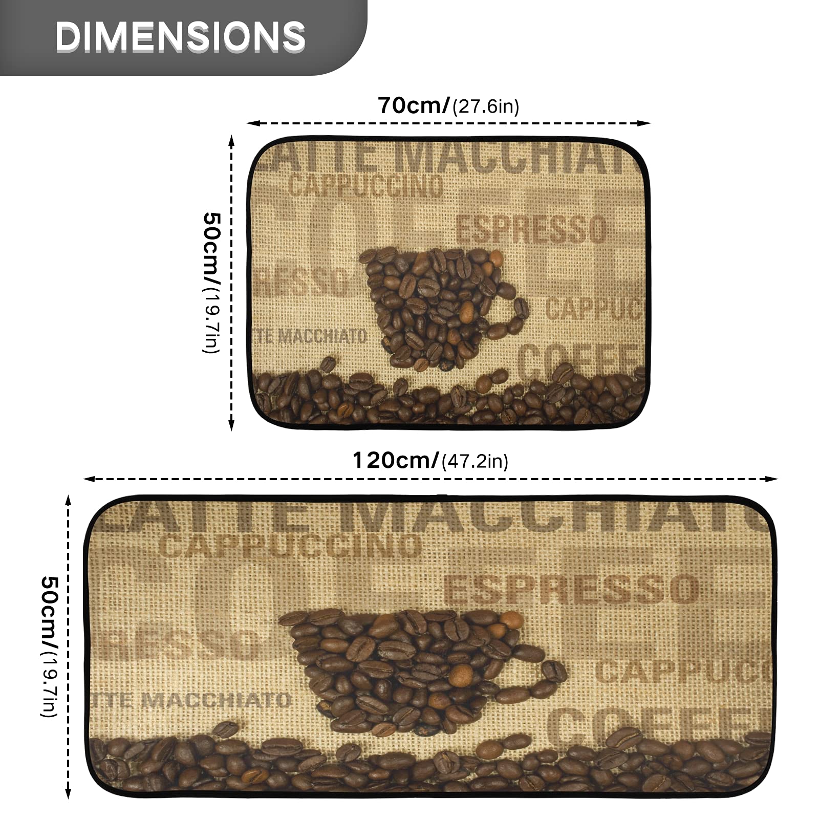 ALAZA Coffee Vintage 2 Piece Kitchen Rug Floor Mat Set Runner Rugs Non-Slip for Kitchen Laundry Office 20" x 28" + 20" x 48"