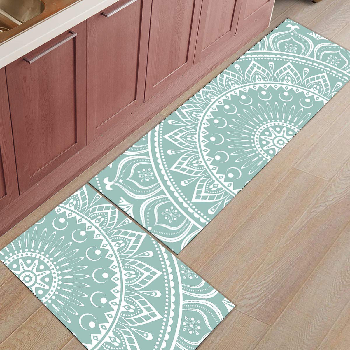 IDOWMAT 2 Pieces Non-Slip Microfiber Kitchen Rugs, Washable Dirt-Proof Mat Kitchen, Light Teal Mandala Pattern Kitchen Rugs and Mats Sets, Soft Absorbent Kitchen Floor Mats (15.7"x23.6"+15.7"x47.2")