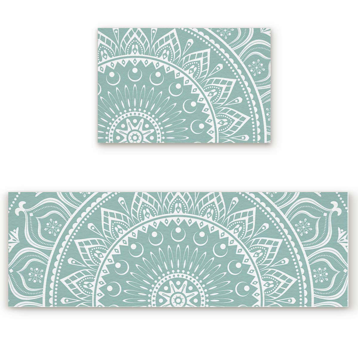 IDOWMAT 2 Pieces Non-Slip Microfiber Kitchen Rugs, Washable Dirt-Proof Mat Kitchen, Light Teal Mandala Pattern Kitchen Rugs and Mats Sets, Soft Absorbent Kitchen Floor Mats (15.7"x23.6"+15.7"x47.2")