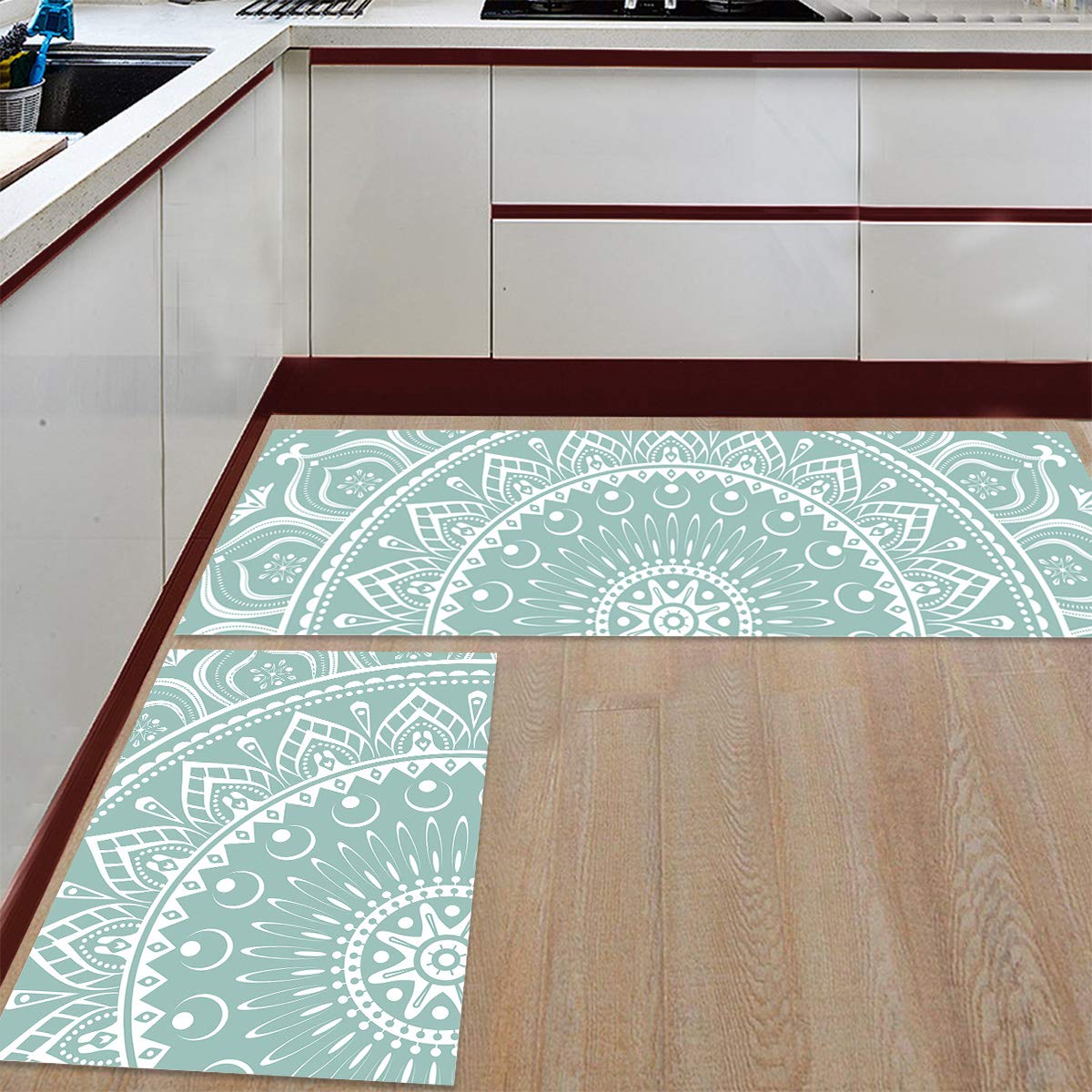 IDOWMAT 2 Pieces Non-Slip Microfiber Kitchen Rugs, Washable Dirt-Proof Mat Kitchen, Light Teal Mandala Pattern Kitchen Rugs and Mats Sets, Soft Absorbent Kitchen Floor Mats (15.7"x23.6"+15.7"x47.2")