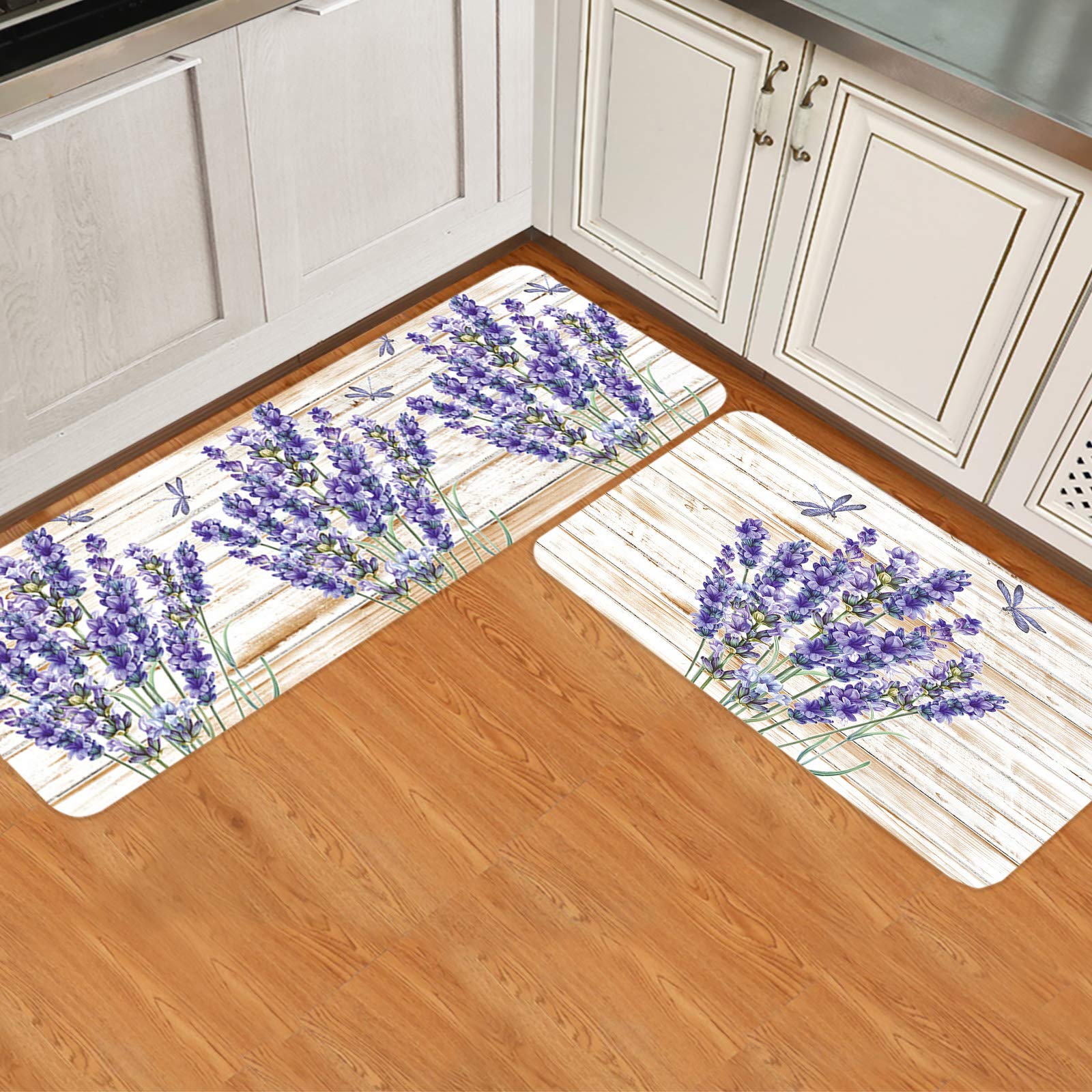 Purple Floral Kitchen Mats Cushioned Anti Fatigue 2 Piece Set Non Skid Waterproof Kitchen Floor Mats, Standing Kitchen Mat Lavender Lilac Flowers on Wooden Plank