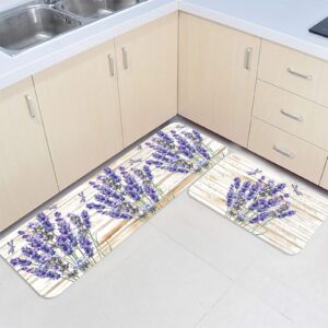 Purple Floral Kitchen Mats Cushioned Anti Fatigue 2 Piece Set Non Skid Waterproof Kitchen Floor Mats, Standing Kitchen Mat Lavender Lilac Flowers on Wooden Plank