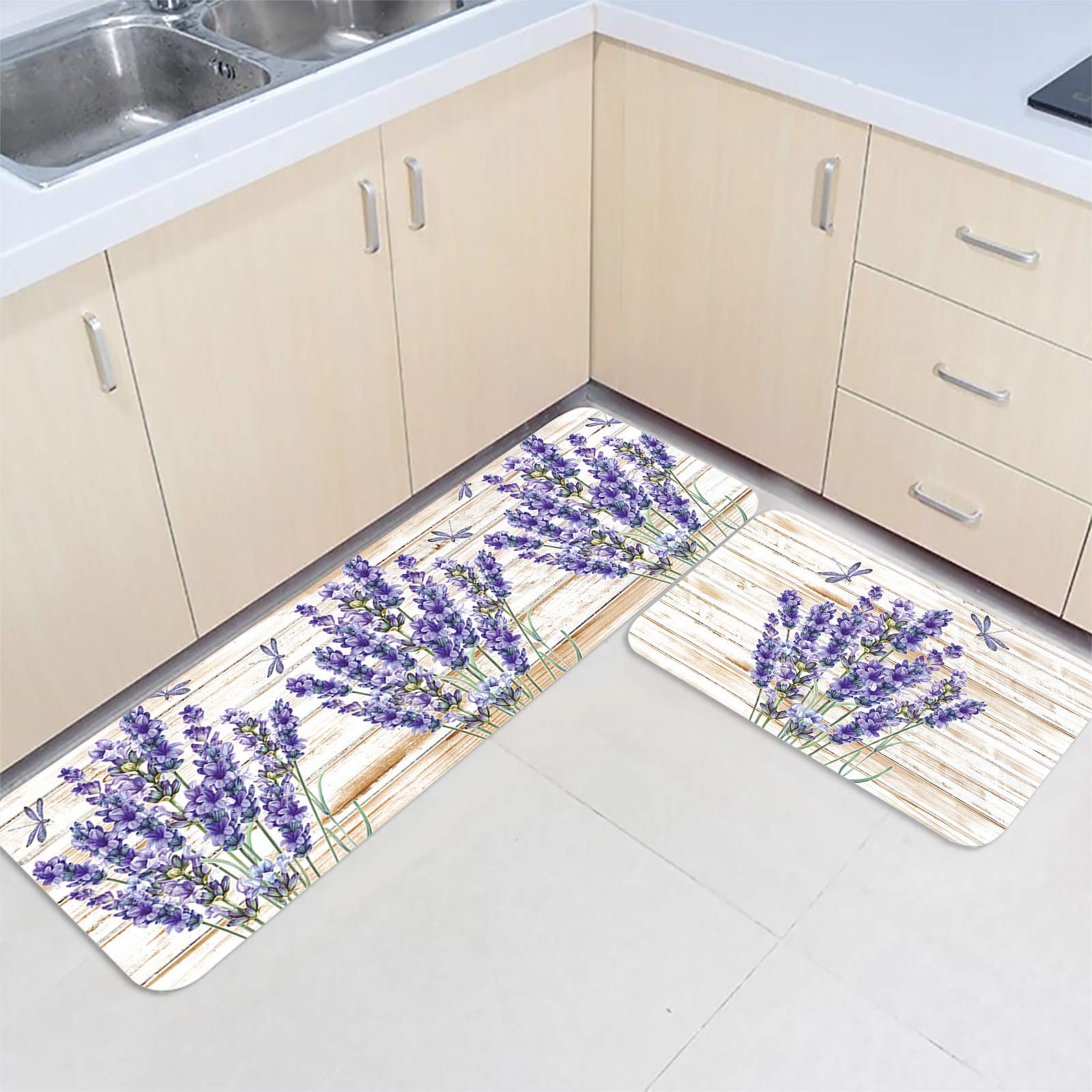 Purple Floral Kitchen Mats Cushioned Anti Fatigue 2 Piece Set Non Skid Waterproof Kitchen Floor Mats, Standing Kitchen Mat Lavender Lilac Flowers on Wooden Plank