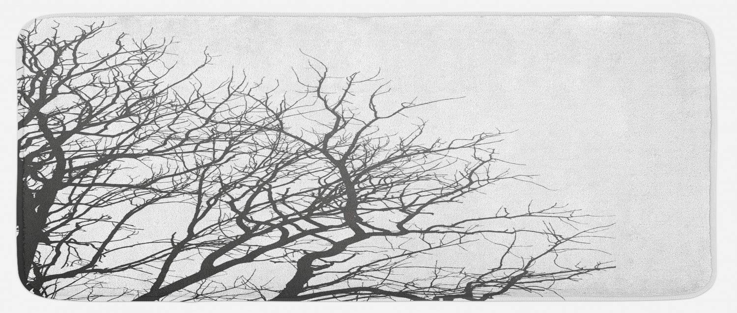 Lunarable Black and White Kitchen Mat, Leafless Branches of a Tree in Autumn Dramatic November Days Out Twigs, Plush Decorative Kitchen Mat with Non Slip Backing, 47" X 19", Black White