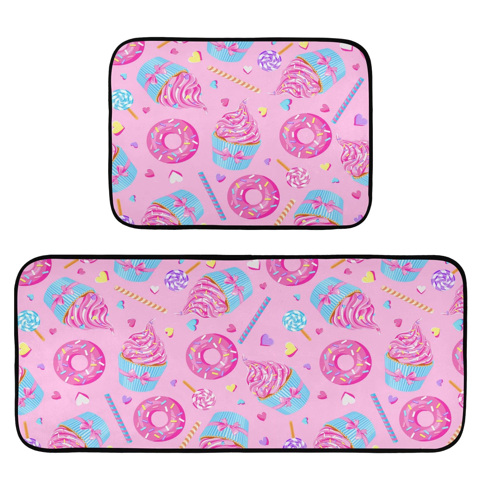 Sweet Pink Cupcakes Kitchen Rug Set of 2 Donuts Lollypops Kitchen Mat No-Slip Runner Rug Anti Fatigue Mats Floor Door Mats Carpet Doormats Washable Home Decor 19.7"x27.6"+19.7"x47.2"