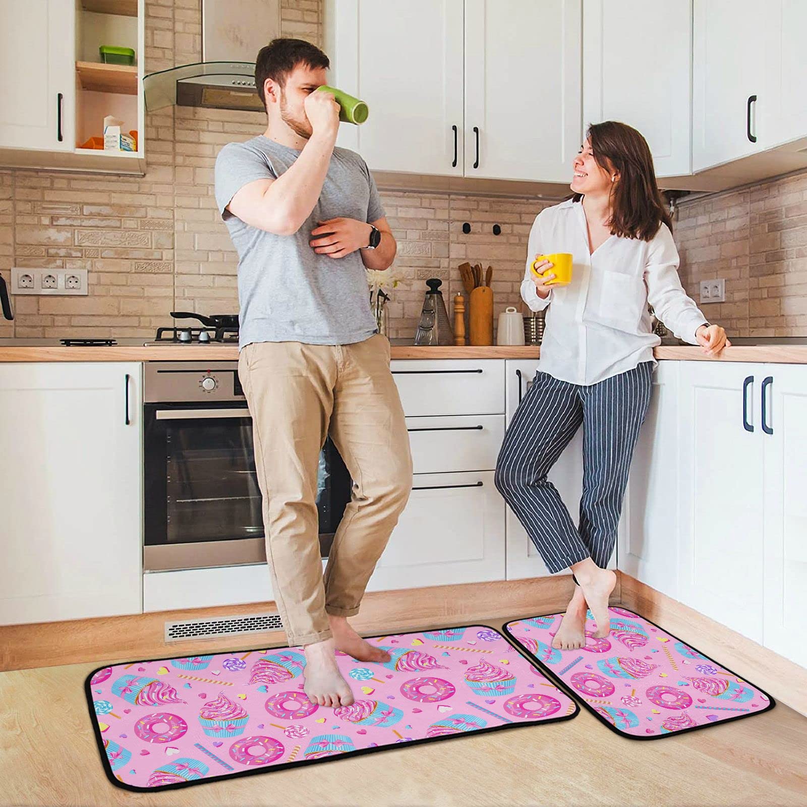 Sweet Pink Cupcakes Kitchen Rug Set of 2 Donuts Lollypops Kitchen Mat No-Slip Runner Rug Anti Fatigue Mats Floor Door Mats Carpet Doormats Washable Home Decor 19.7"x27.6"+19.7"x47.2"