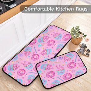 Sweet Pink Cupcakes Kitchen Rug Set of 2 Donuts Lollypops Kitchen Mat No-Slip Runner Rug Anti Fatigue Mats Floor Door Mats Carpet Doormats Washable Home Decor 19.7"x27.6"+19.7"x47.2"