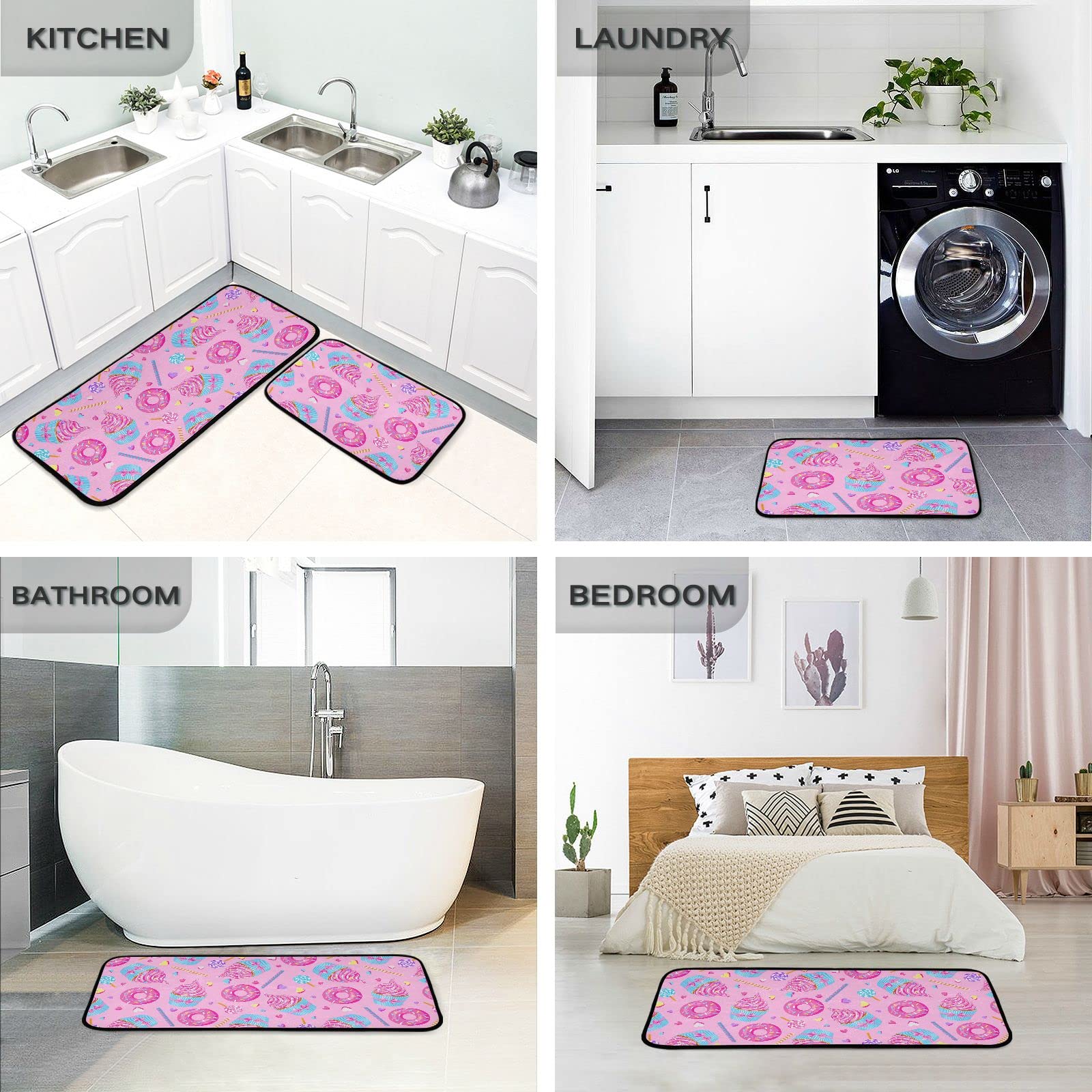 Sweet Pink Cupcakes Kitchen Rug Set of 2 Donuts Lollypops Kitchen Mat No-Slip Runner Rug Anti Fatigue Mats Floor Door Mats Carpet Doormats Washable Home Decor 19.7"x27.6"+19.7"x47.2"