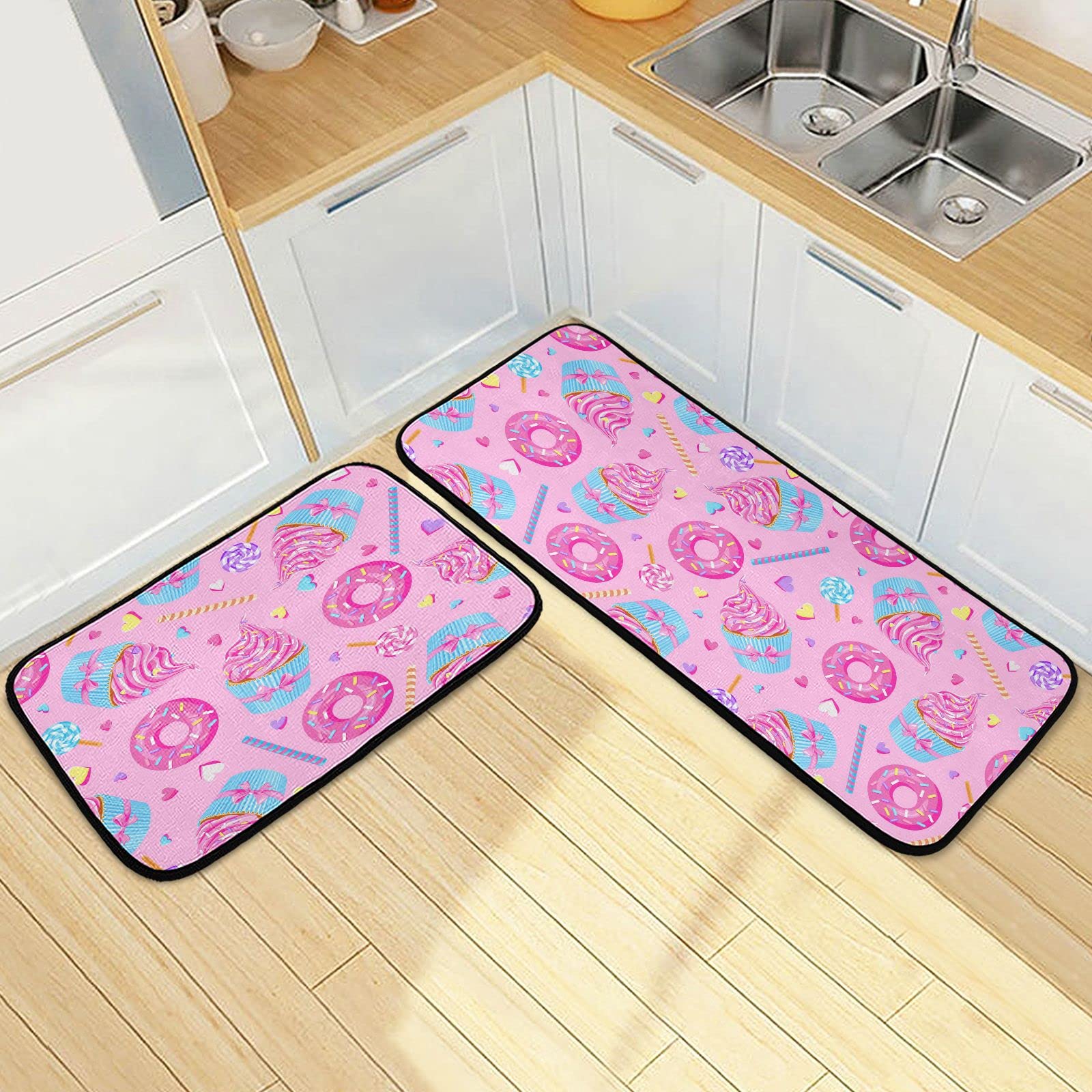 Sweet Pink Cupcakes Kitchen Rug Set of 2 Donuts Lollypops Kitchen Mat No-Slip Runner Rug Anti Fatigue Mats Floor Door Mats Carpet Doormats Washable Home Decor 19.7"x27.6"+19.7"x47.2"