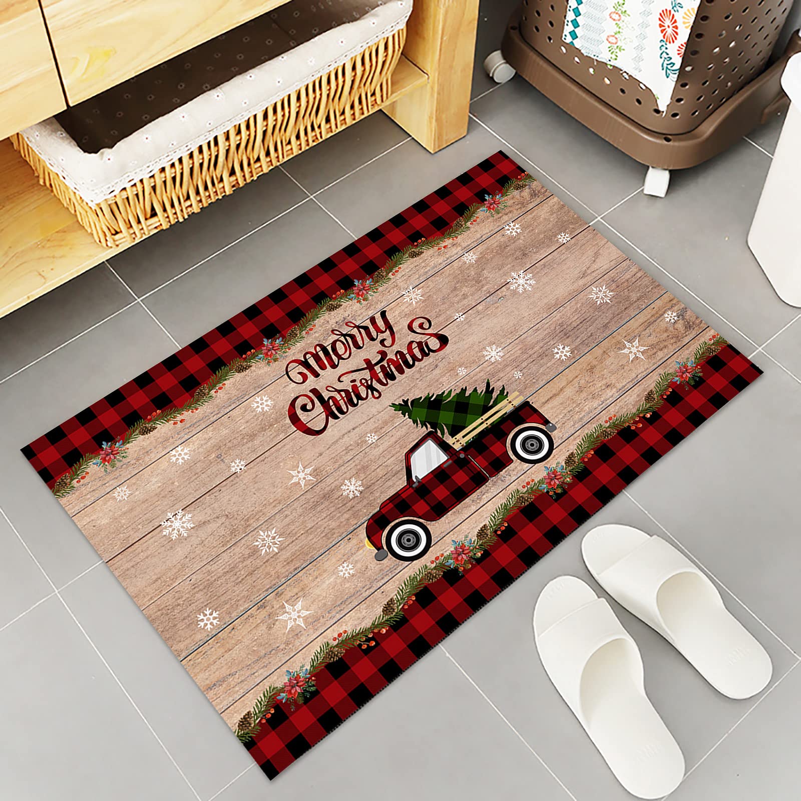 Arts Print Kitchen Rug Mat Set of 2,Christmas Black and Red Buffalo Plaid Truck with Tree Runner Rug,Non-Slip Durable Floor for Sink, 20211021-LZP-MATSETSLXM10360MDDAVHN, 15.7X23.6in+15.7X47.2in