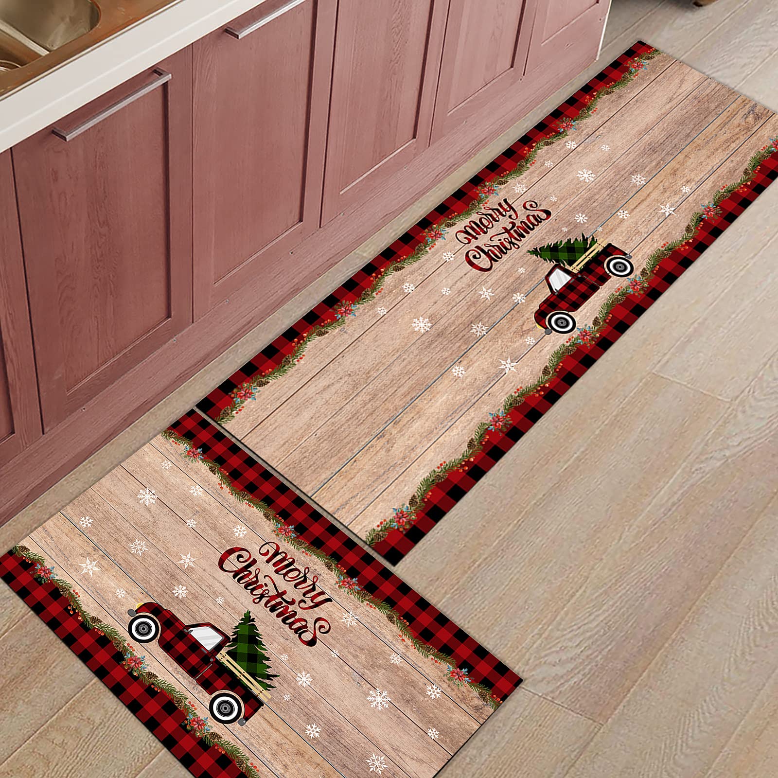 Arts Print Kitchen Rug Mat Set of 2,Christmas Black and Red Buffalo Plaid Truck with Tree Runner Rug,Non-Slip Durable Floor for Sink, 20211021-LZP-MATSETSLXM10360MDDAVHN, 15.7X23.6in+15.7X47.2in