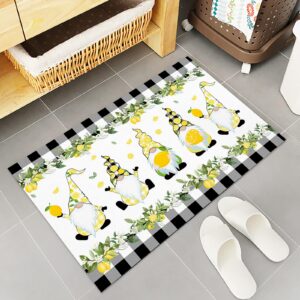 Kitchen Mat and Rugs Set of 2, Farm Fresh Lemon Gnomes Buffalo Plaid Border, Durable Comfort Standing Kitchen Rugs, Non-Slip Home Decor Carpet for Floor, 20x24inch+20x48inch