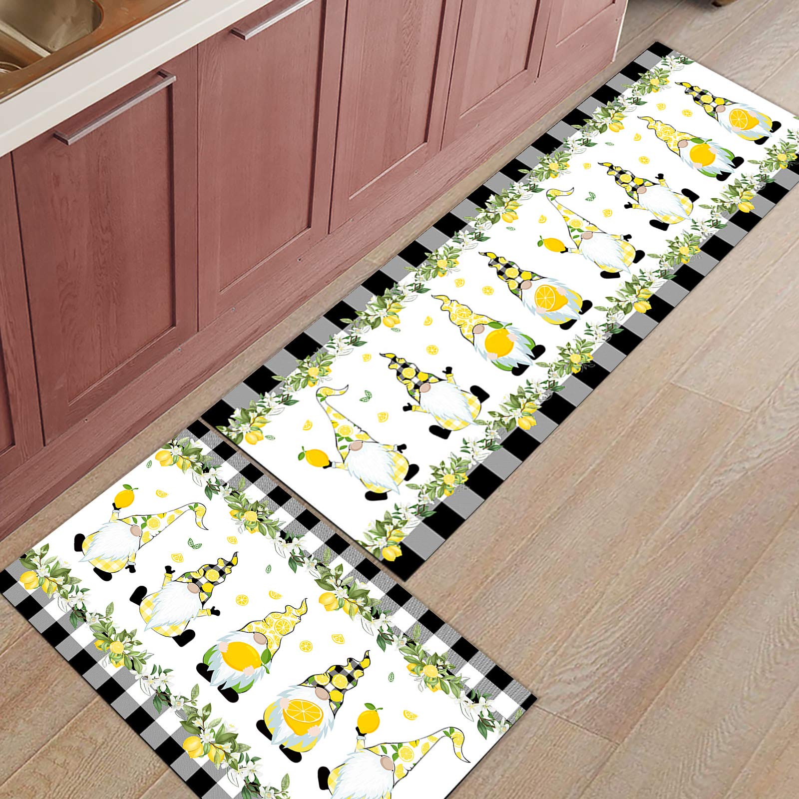 Kitchen Mat and Rugs Set of 2, Farm Fresh Lemon Gnomes Buffalo Plaid Border, Durable Comfort Standing Kitchen Rugs, Non-Slip Home Decor Carpet for Floor, 20x24inch+20x48inch