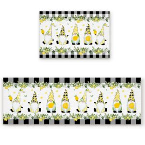 Kitchen Mat and Rugs Set of 2, Farm Fresh Lemon Gnomes Buffalo Plaid Border, Durable Comfort Standing Kitchen Rugs, Non-Slip Home Decor Carpet for Floor, 20x24inch+20x48inch