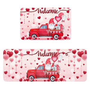 wtosuhe valentines day decorative kitchen mats set of 2, pink love heart doormat gnome yard kitchen rug with non-slip rubber, spring seasonal decorative floor mat doormat (sweet-06)