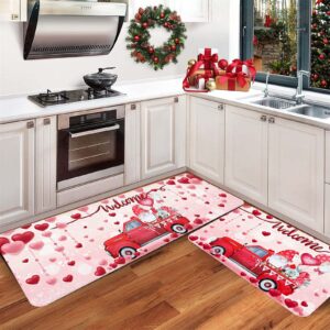 Wtosuhe Valentines Day Decorative Kitchen Mats Set of 2, Pink Love Heart Doormat Gnome Yard Kitchen Rug with Non-Slip Rubber, Spring Seasonal Decorative Floor Mat Doormat (Sweet-06)