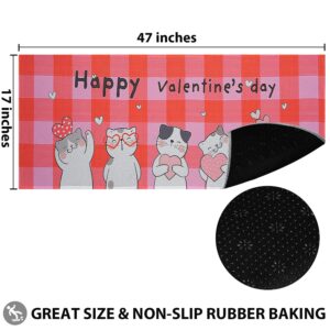 Invuni Multifunctional Long Strip Cat Love Rugs Valentine's Day Non-Slip Backed Mat Cat Love Doormat, Pink Kitchen Mats Set of 2 (17" X 47"+17" X 30")