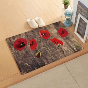 red flower antifatigue kitchen bath door mat cushioned runner rug,washable welcome floor sink mat,old wooden grain red poppy floral waterproof & non-slip comfort standing doormat for kitchen,18"x30"