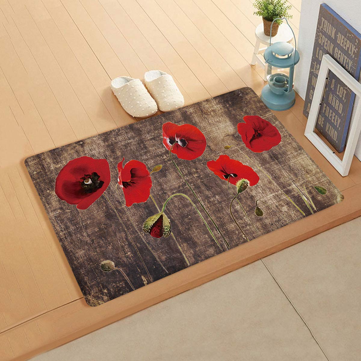 Red Flower Antifatigue Kitchen Bath Door Mat Cushioned Runner Rug,Washable Welcome Floor Sink Mat,Old Wooden Grain Red Poppy Floral Waterproof & Non-Slip Comfort Standing Doormat for Kitchen,18"x30"